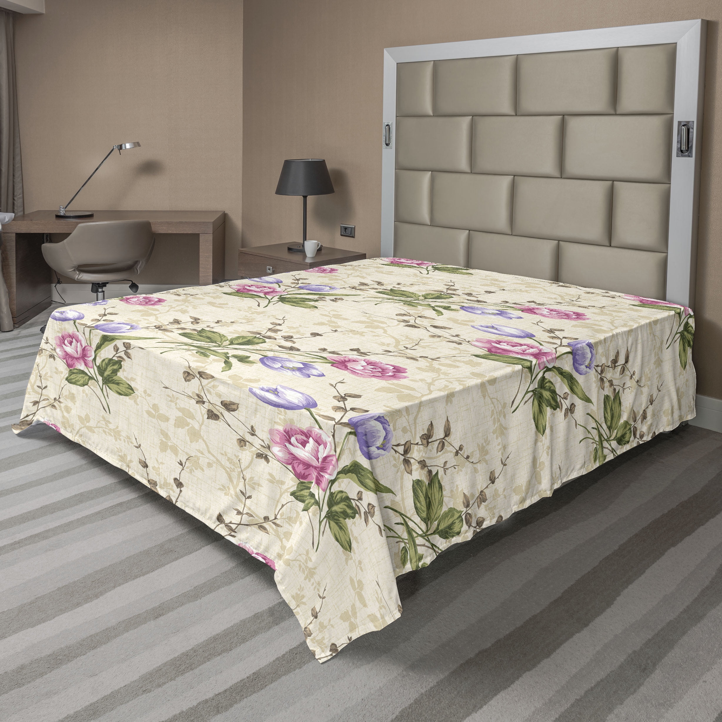 Flower Flat Sheet, Garden Theme Vintage Flora Illustration With ...