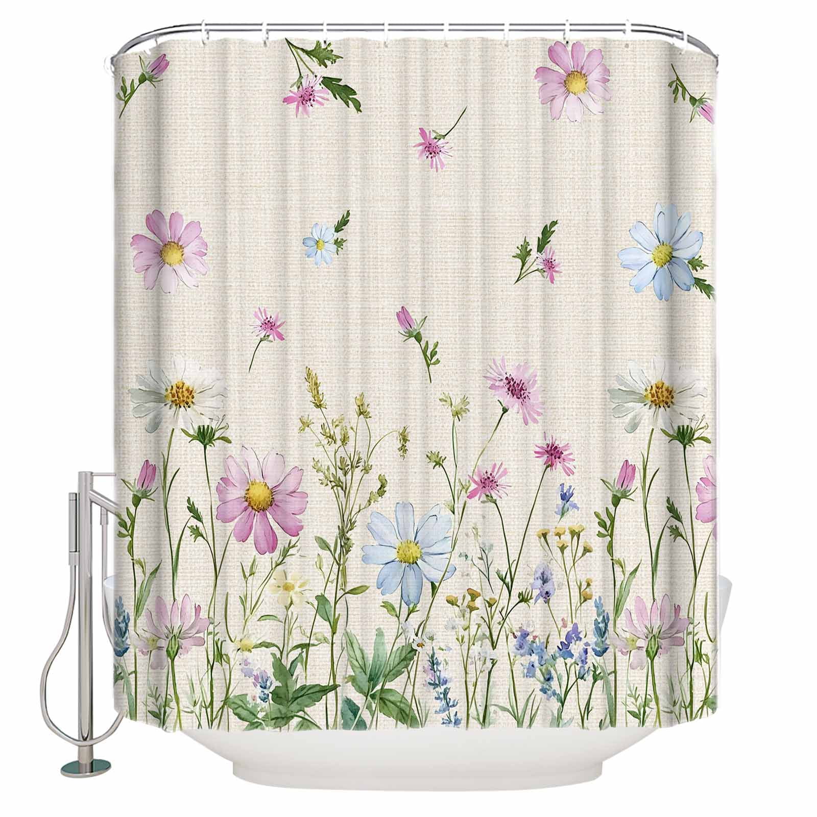 Flower Floral Bathroom Shower Curtains with 12 Hooks Polyester ...