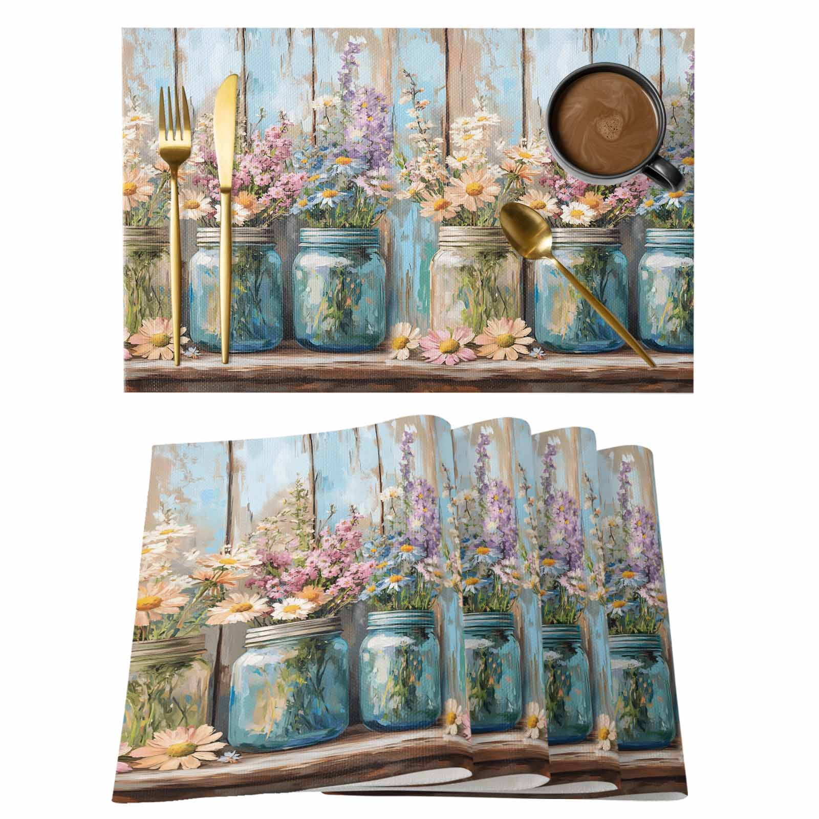 Flower Floral Placemats Set of 6 Daisy Lavender Painting Blue Wood ...