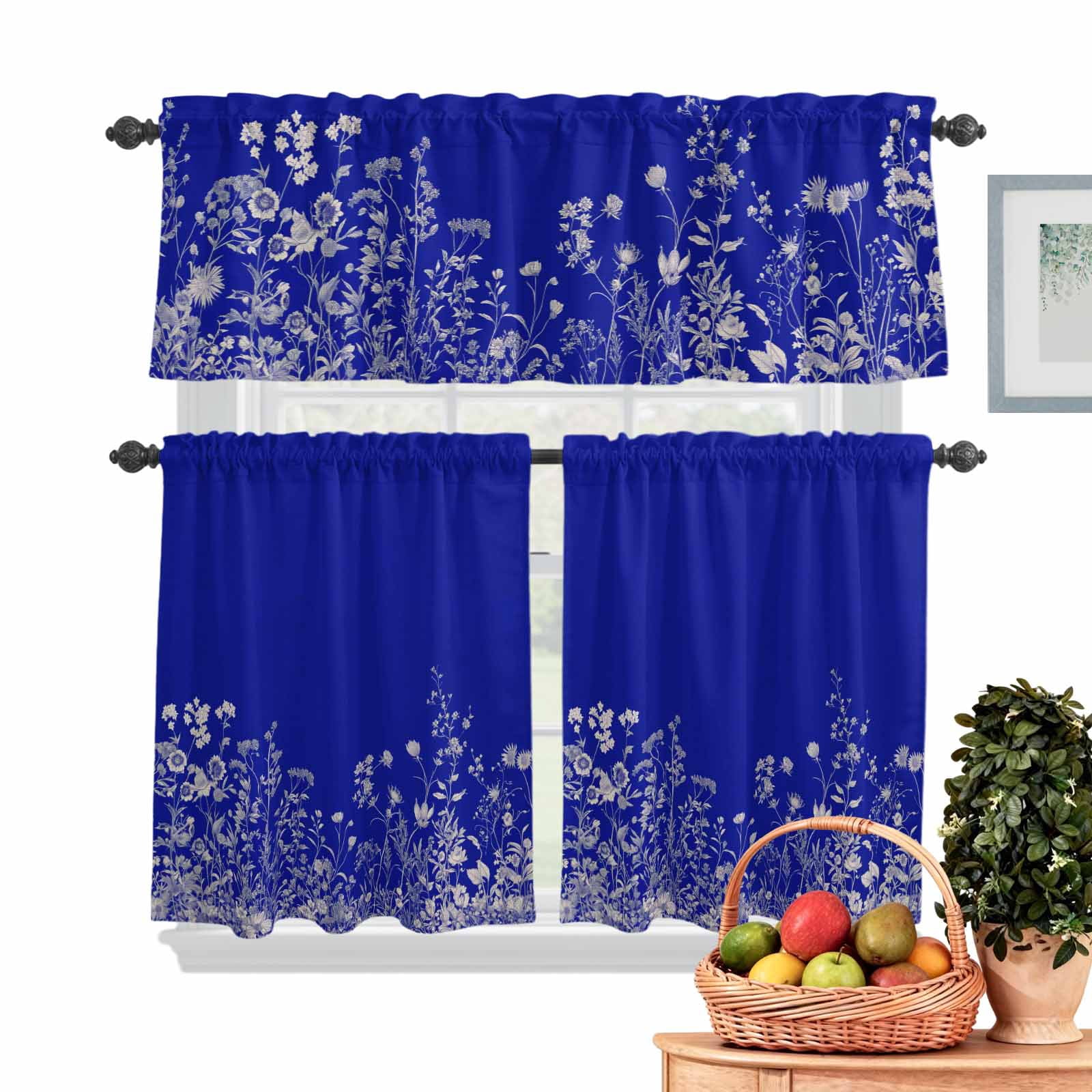 Flower Floral Plant Kitchen Curtains Valances 3 Piece Set, Blue ...