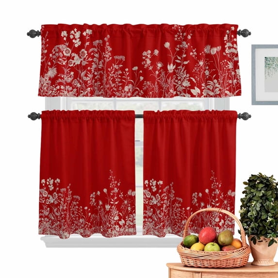 Flower Floral Plant Kitchen Curtains Valances 3 Piece Set, Red ...