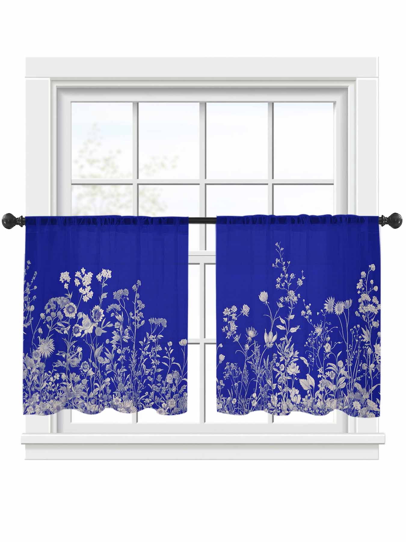 Flower Floral Plant Sheer Curtains 2 Panels Set Blue Background Sheer ...