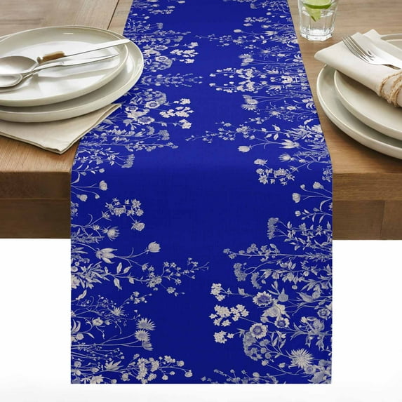 Flower Floral Plant Table Runner 13x120 inch Blue Background Cotton ...