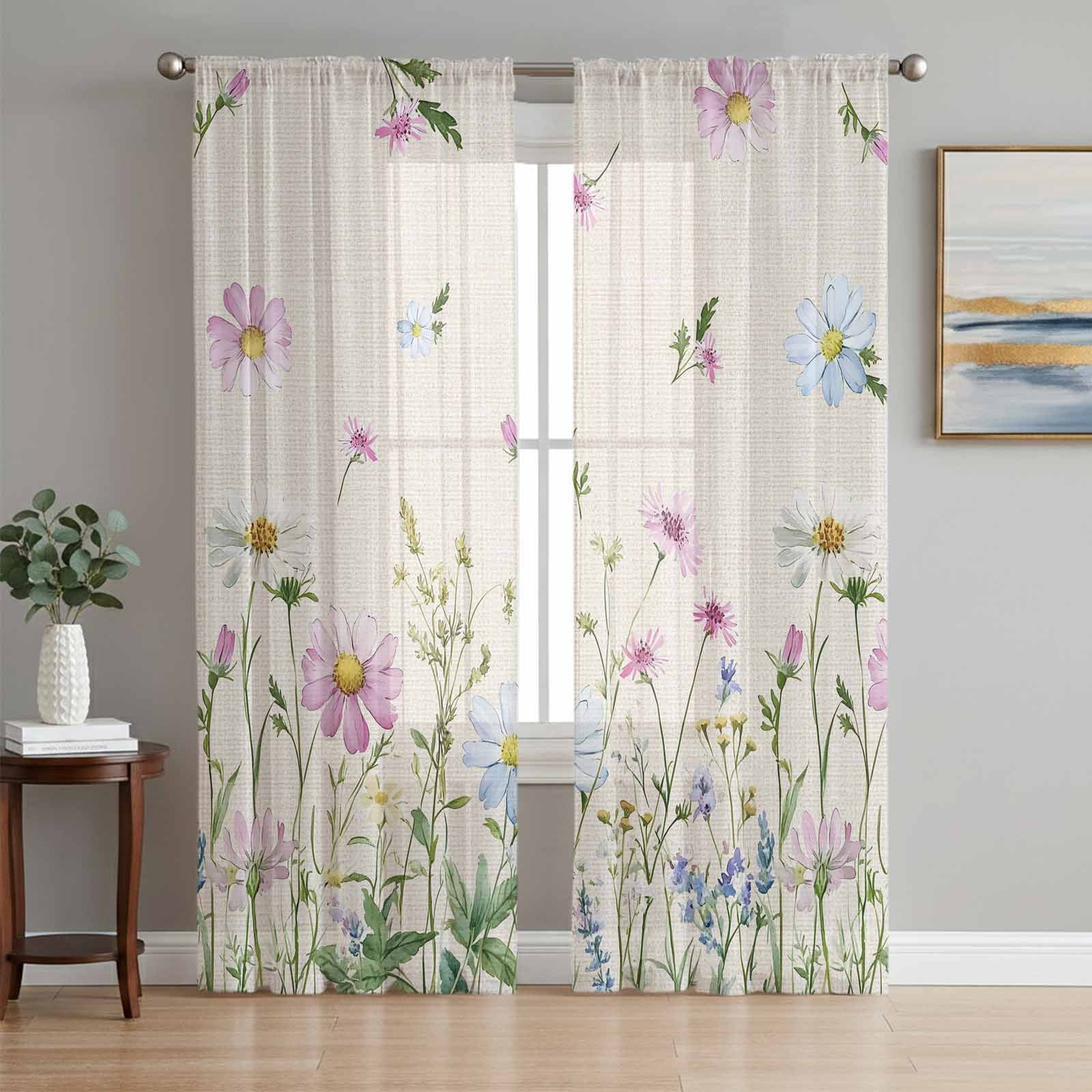 Flower Floral Sheer Curtains 63 Inch Length 2 Panels Set, Blue Pink ...
