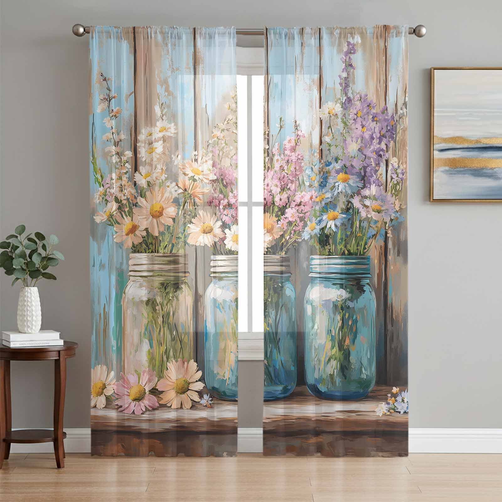 Flower Floral Sheer Curtains 72 Inch Length 2 Panels Set, Daisy ...