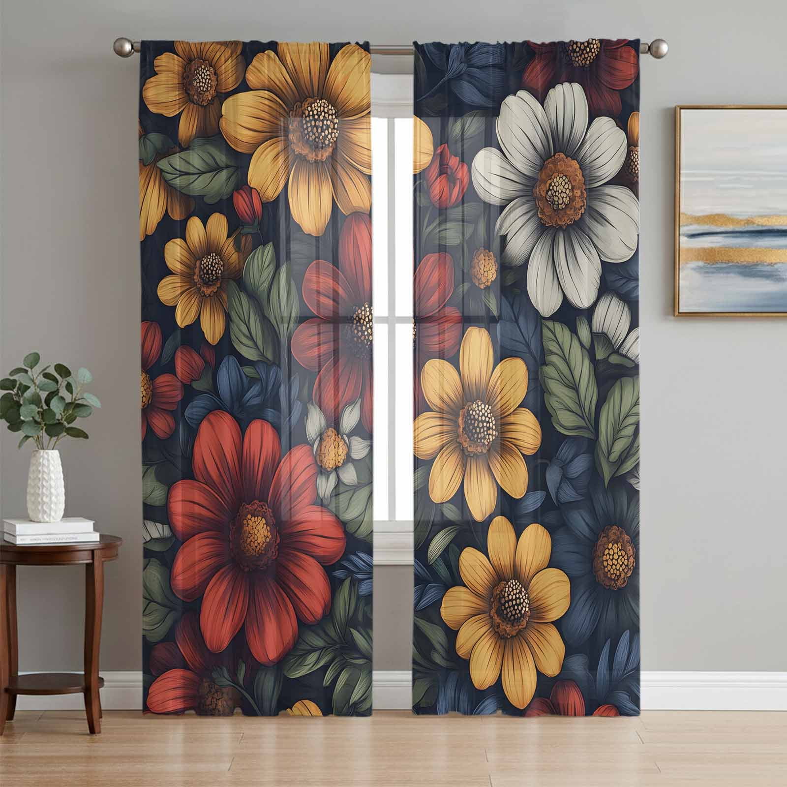 Flower Floral Sheer Curtains 84 Inch Length 2 Panels Set, Cottagecore ...