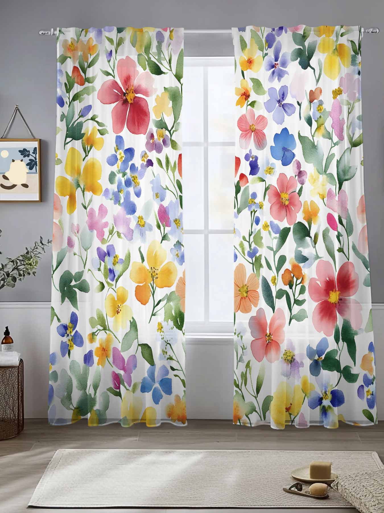 Flower Floral Sheer Curtains for Living Room Bedroom Colored Watercolor ...