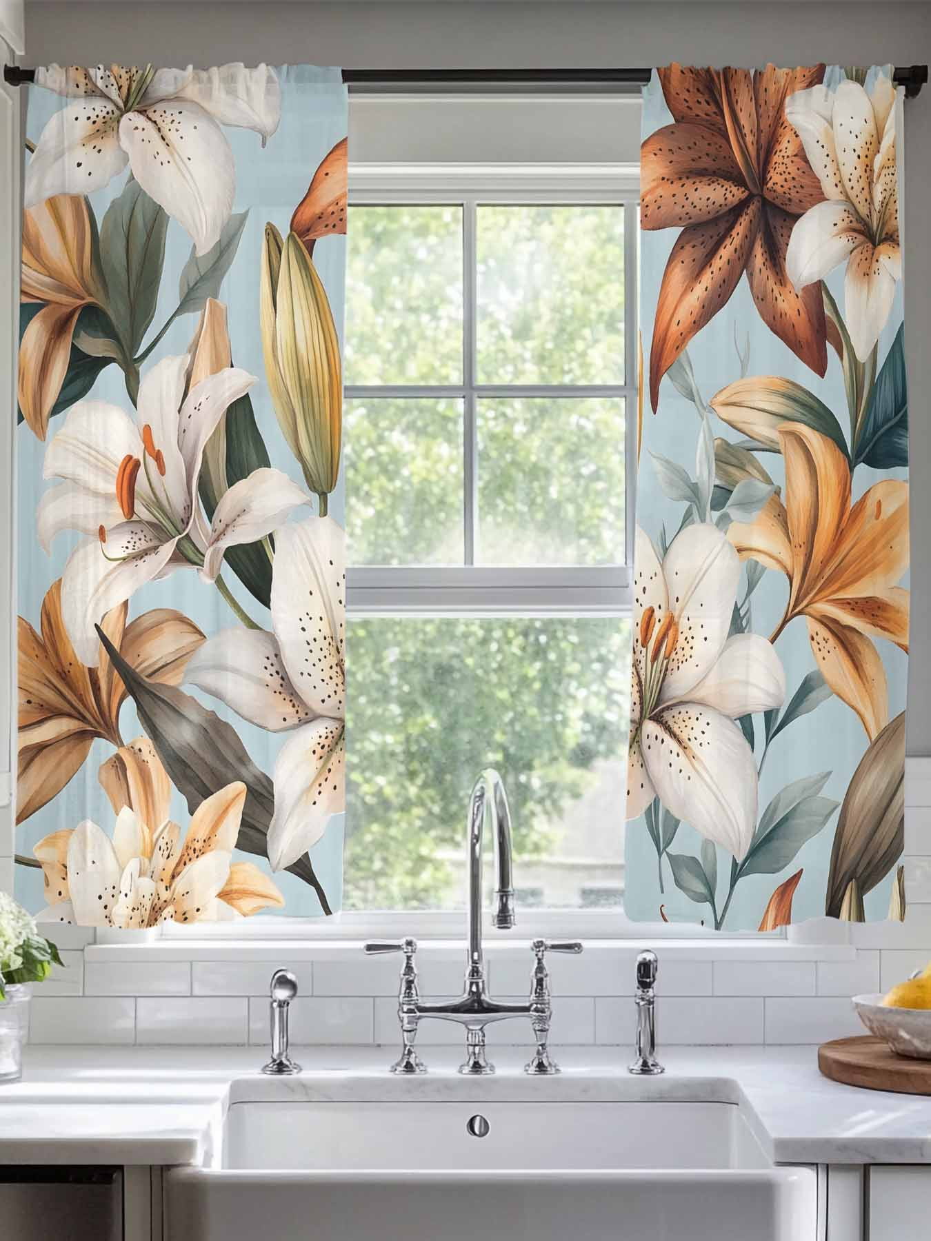 Flower Floral Sheer Curtains for Living Room Bedroom Lily Budding Plant ...