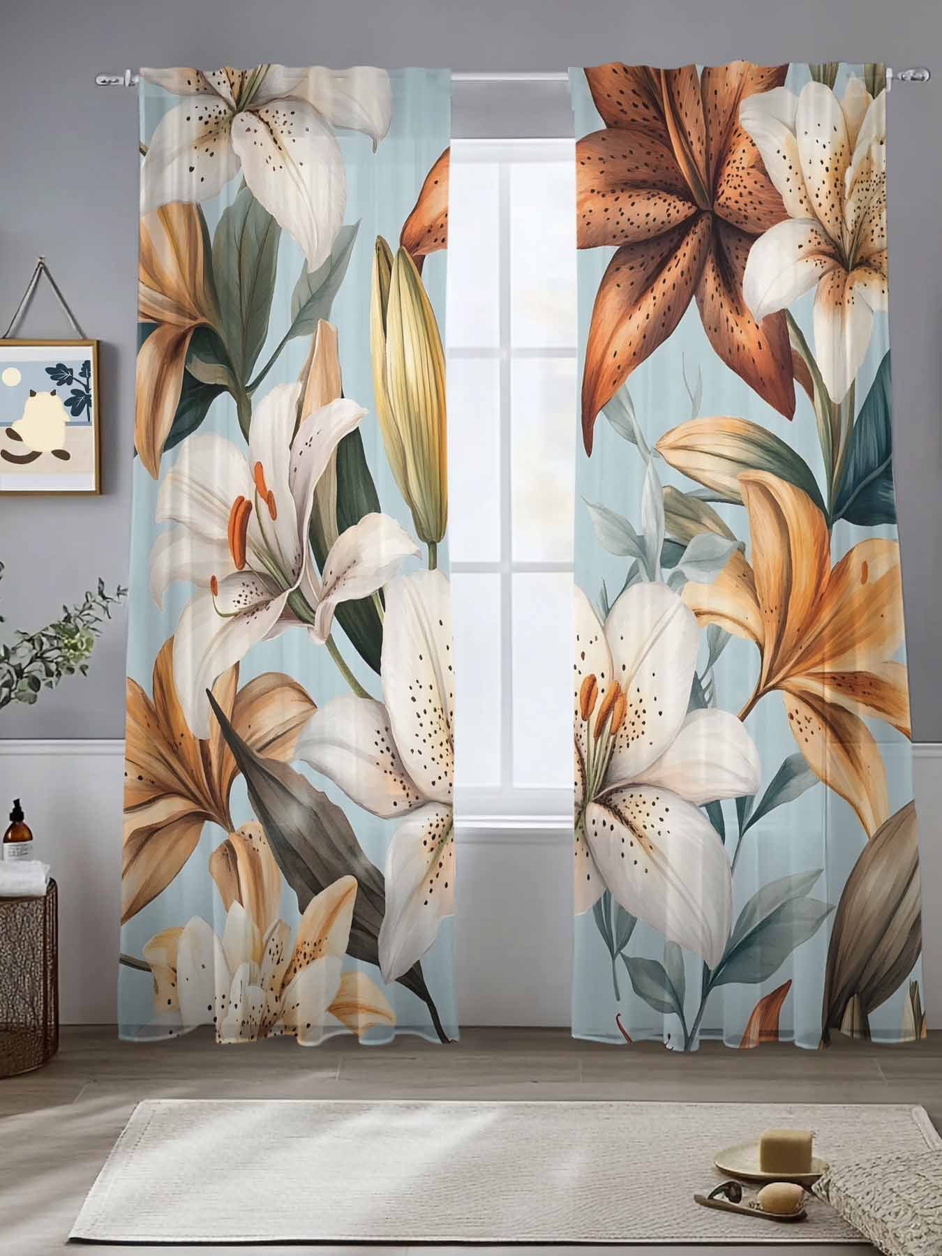 Flower Floral Sheer Curtains for Living Room Bedroom Lily Budding Plant ...