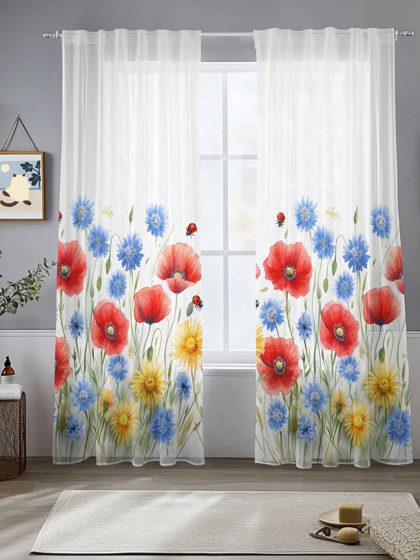 Flower Floral Sheer Curtains for Living Room Bedroom Watercolor Red ...