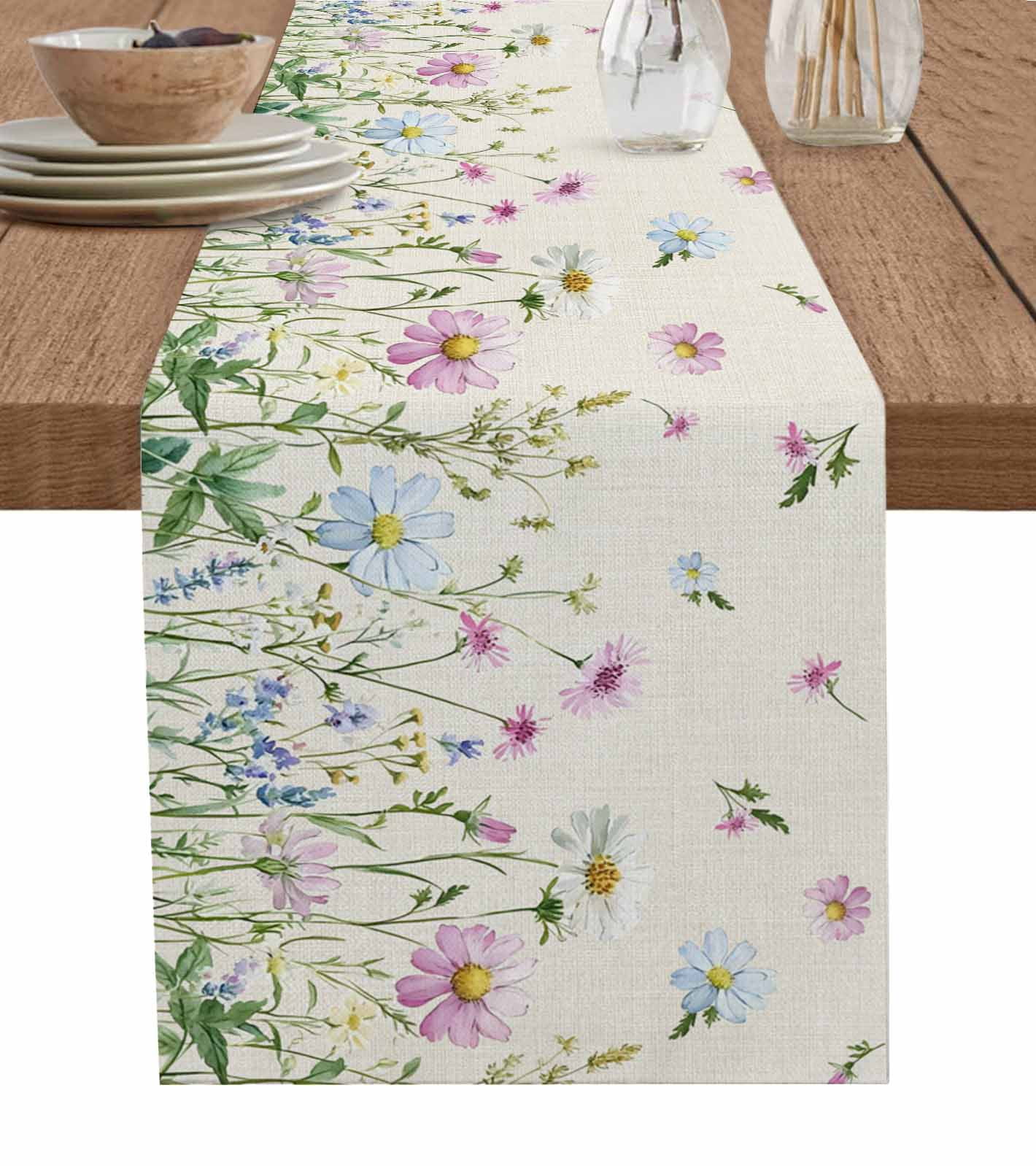 Flower Floral Table Runner Blue Pink Daisy Botanical Countryside ...