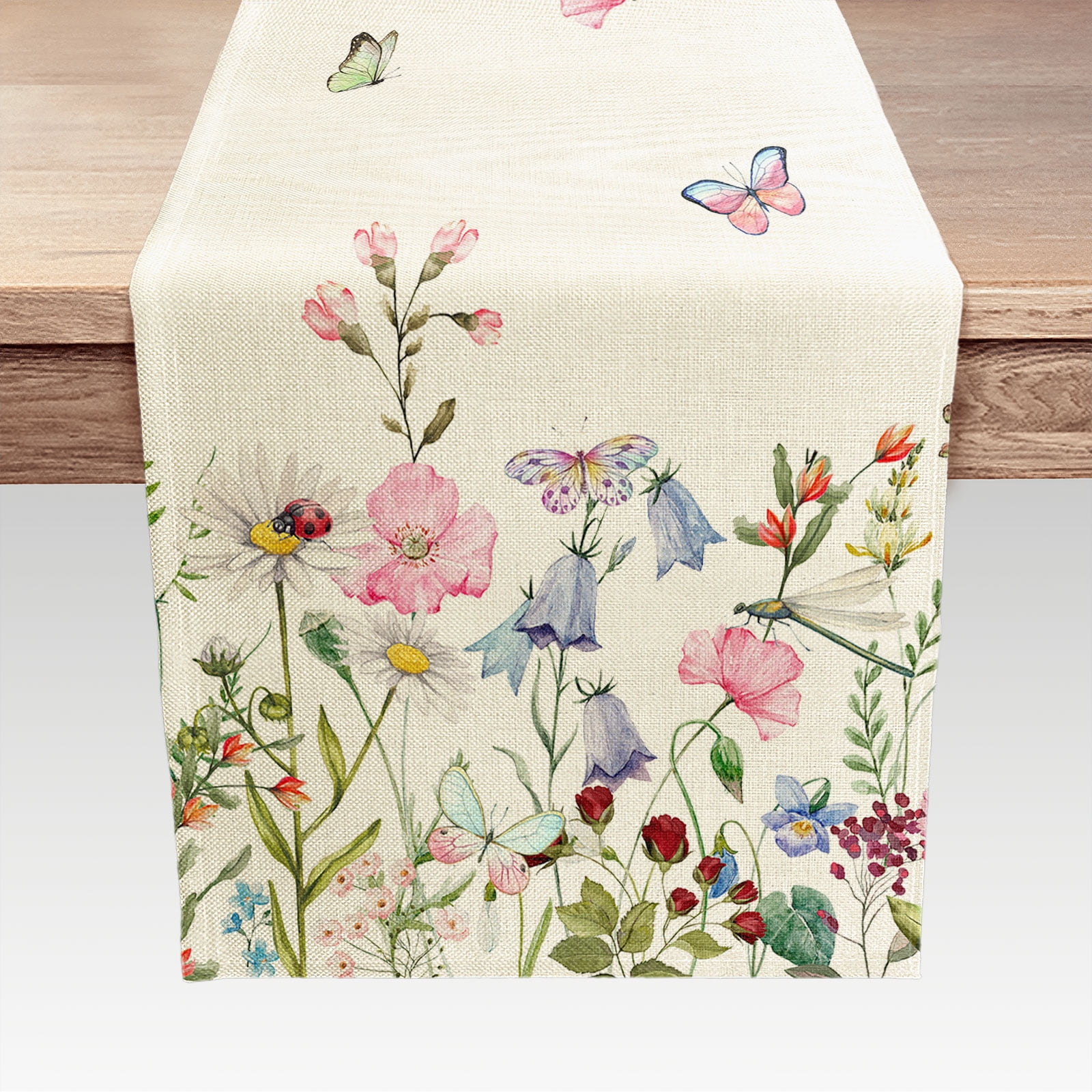 Flower Floral Table Runner, Butterfly Wildflowers Spring Summer Table ...