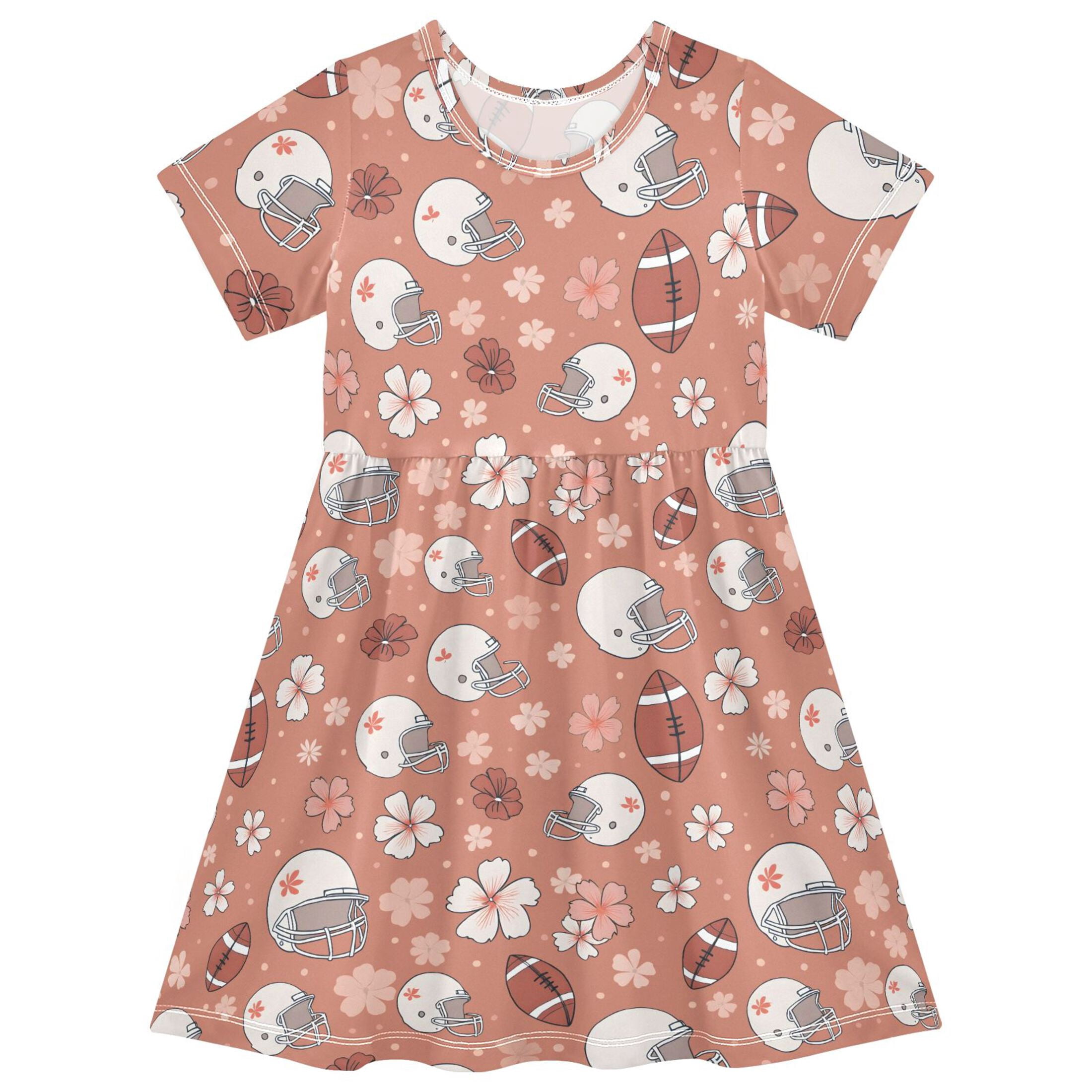 Flower Football Helmets Short Sleeve Dress A-Line Cute Midi Casual ...