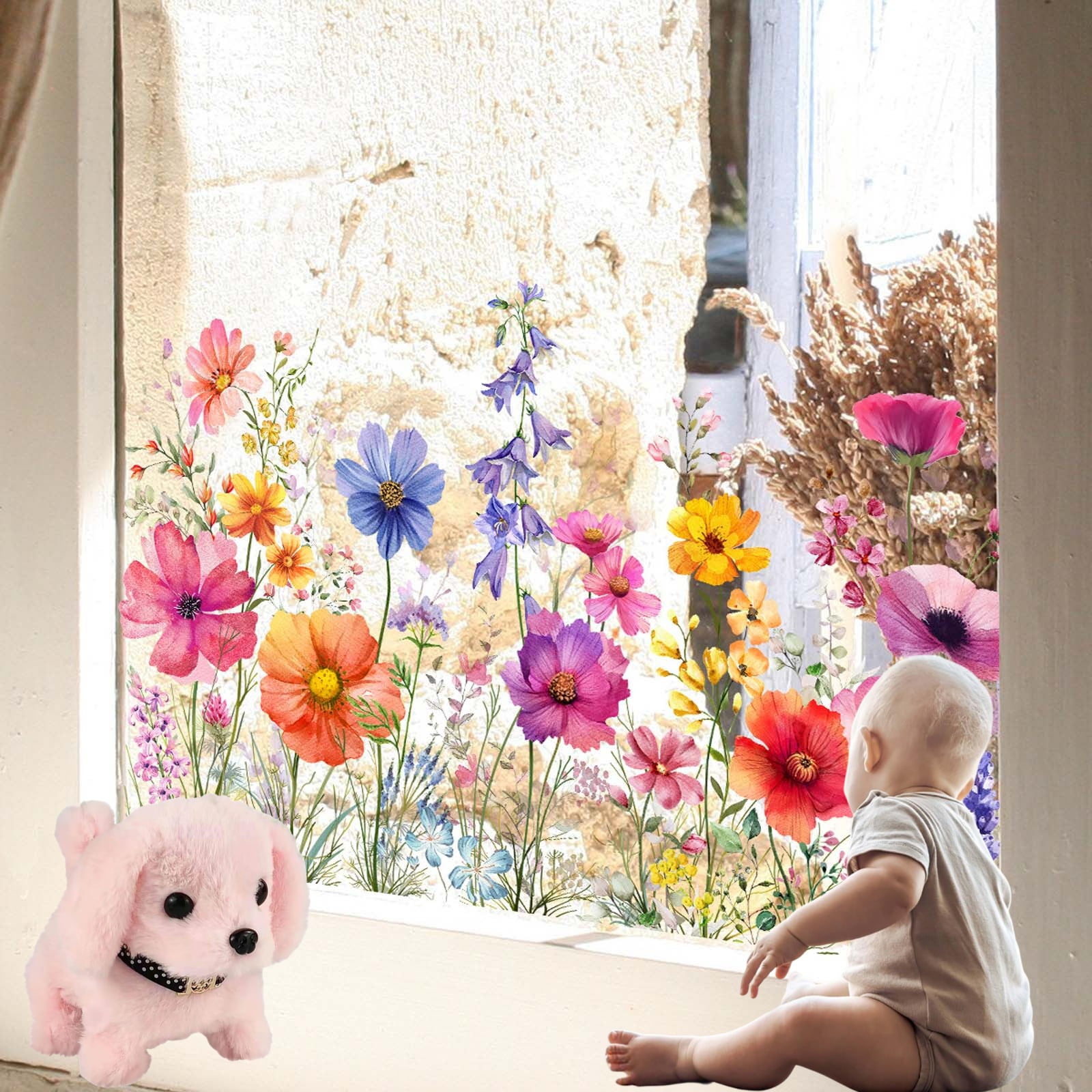 Flower Garden Window Stickers, Grass Window Wall Decals, Colorful ...
