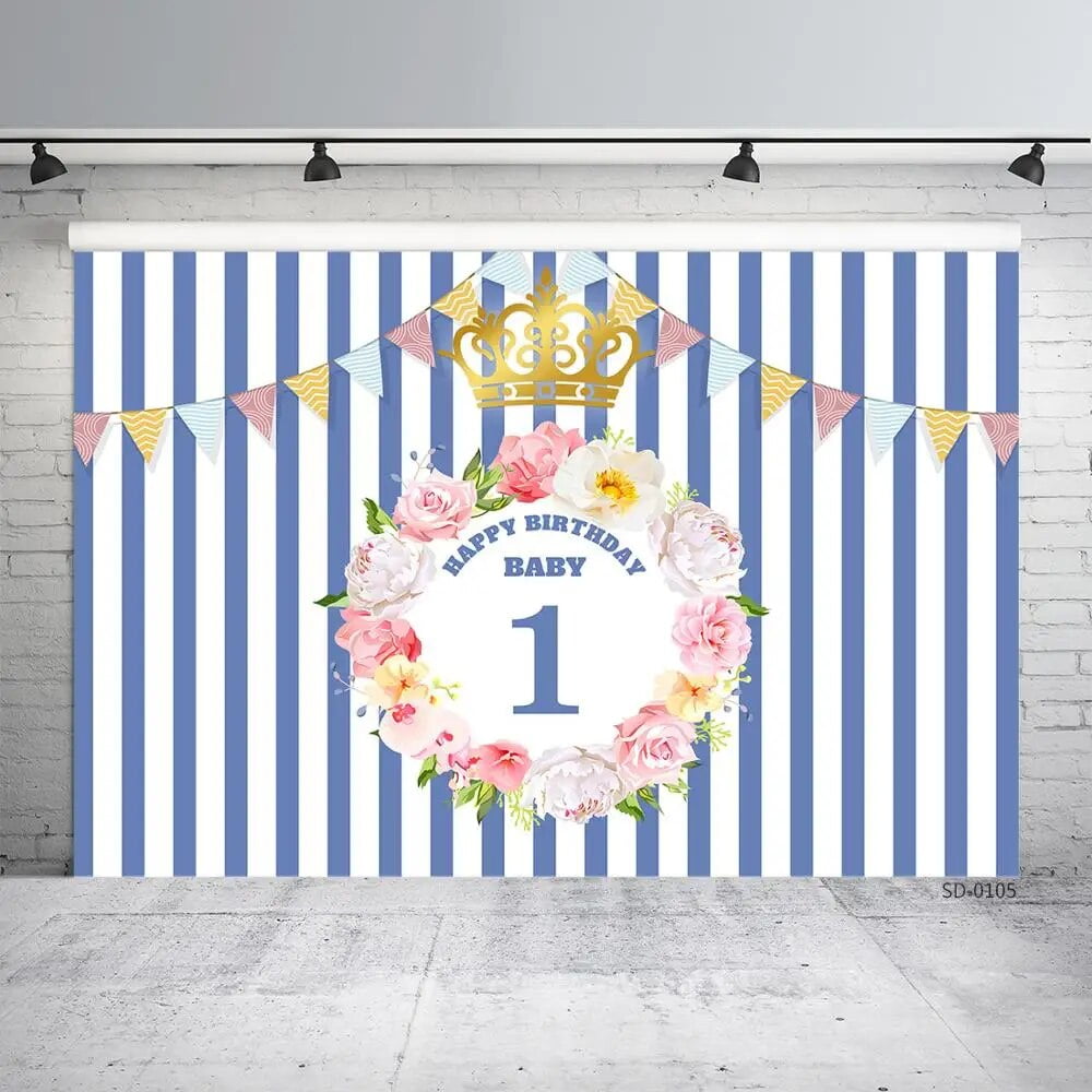 Flower Garland Gold Crown 1st Birthday Party Banner Backgrounds Baby ...