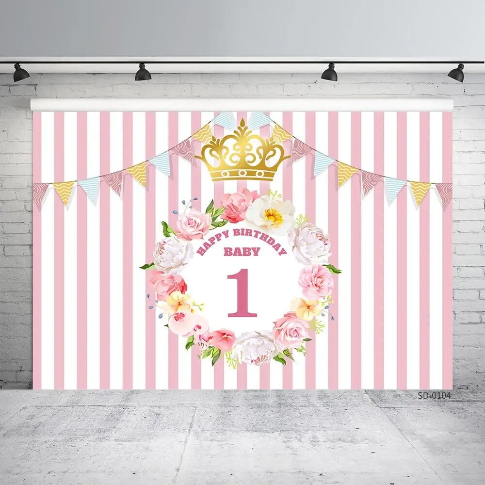 Flower Garland Gold Crown Custom 1st Birthday Party Backgrounds Baby ...