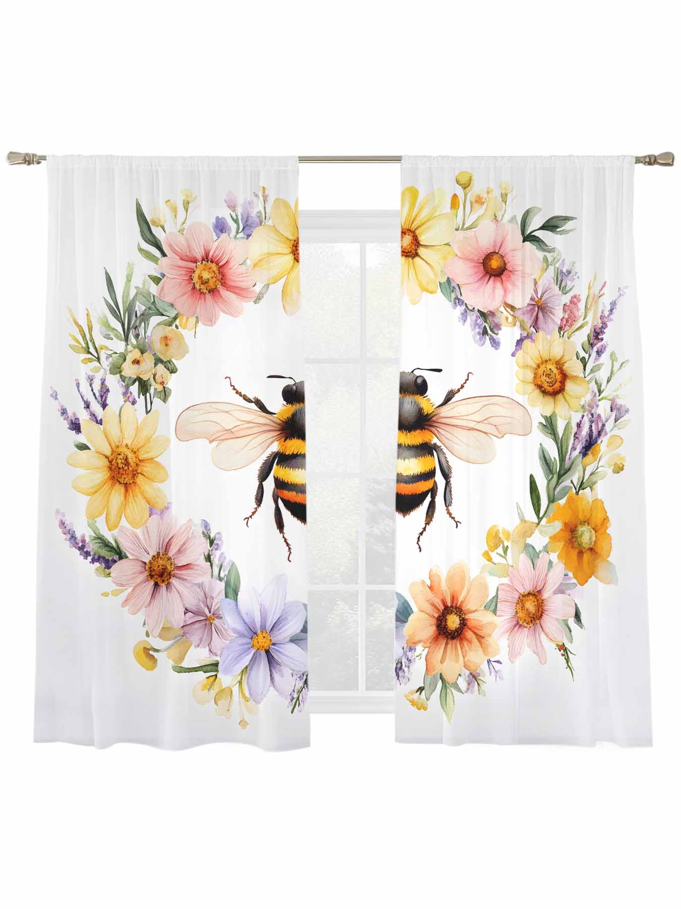 Flower Garland Sheer Curtains 2 Panels Set Bee Watercolor Flower Sheer ...