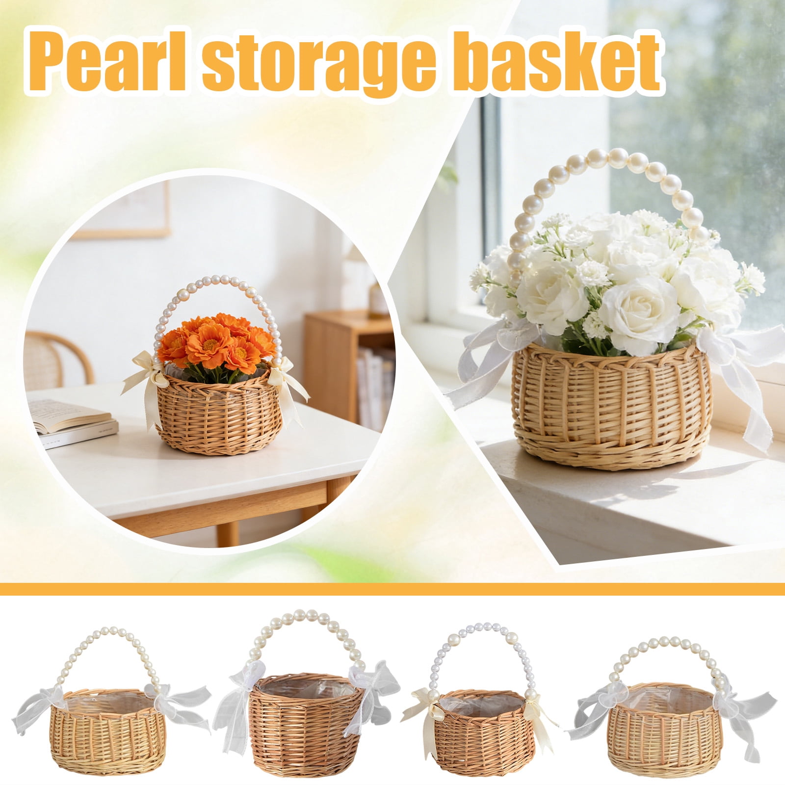 Flower Girl Basket, Handmade Wicker Rattan Basket with Pearl Handle ...