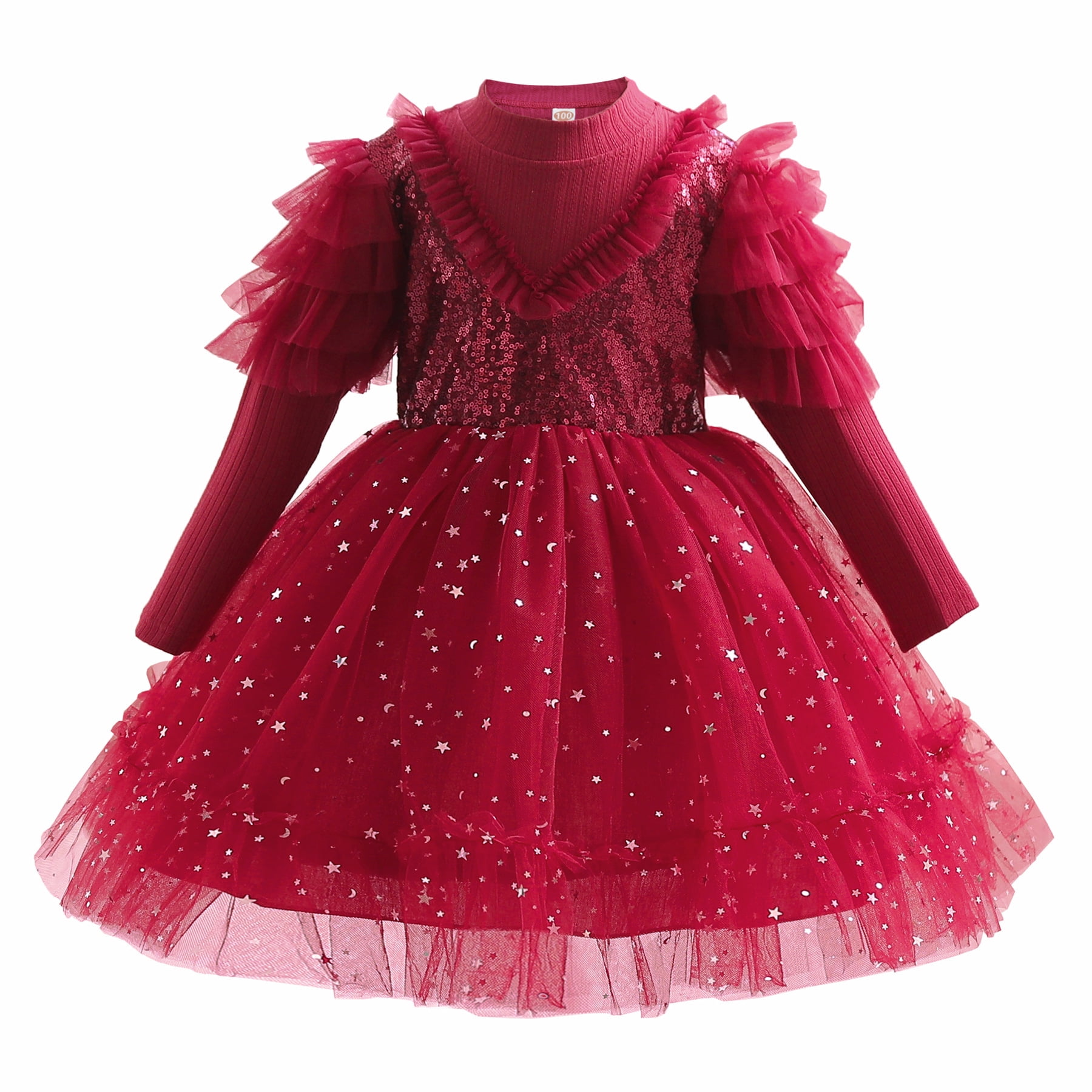 Flower Girl Long Sleeve Sequin Dress Kids Party Bridesmaid Wedding Gown ...