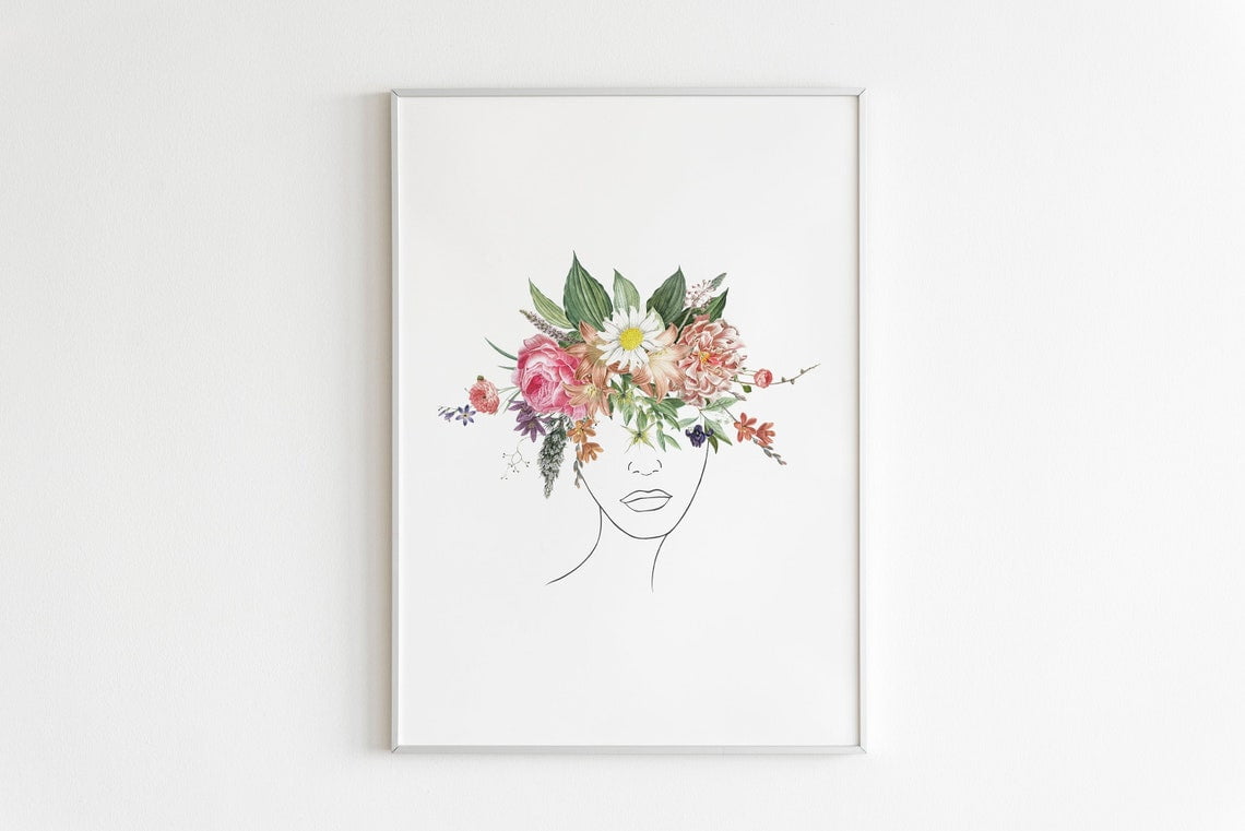 Flower Girl Wall Art,Woman Sketch Poster,Hand Drawn,Single Line,One ...