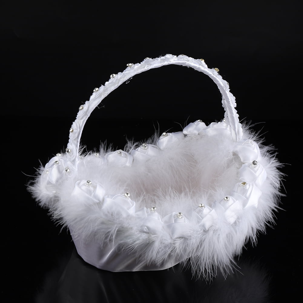 Flower Girl White Feather Basket with Rhinestones for Romantic Wedding ...