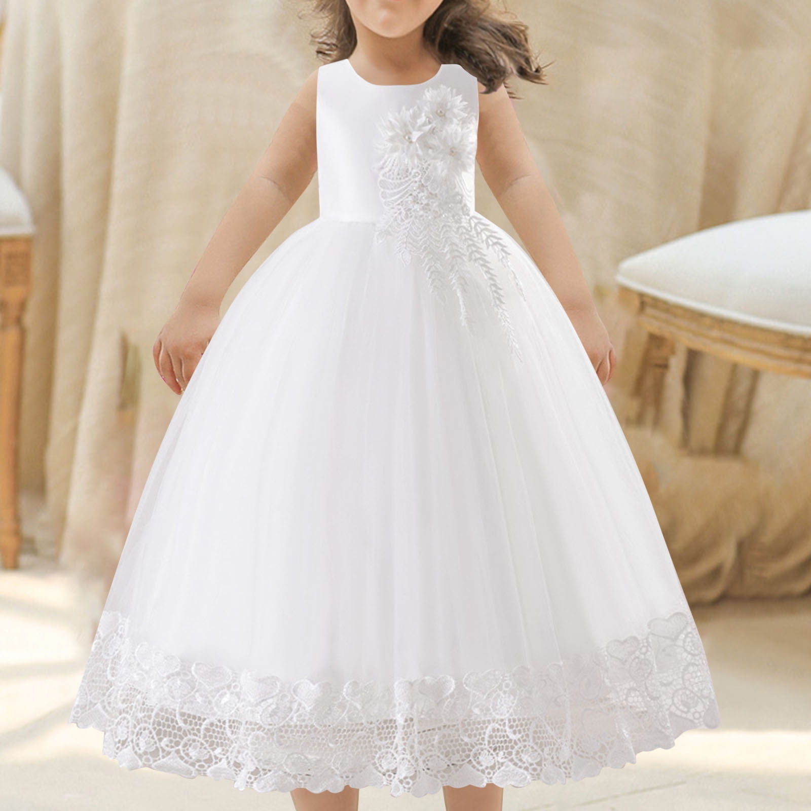 Flower Girls 3/4 Sleeve Deep V-Back Tulle Vintage Lace Wedding Party ...