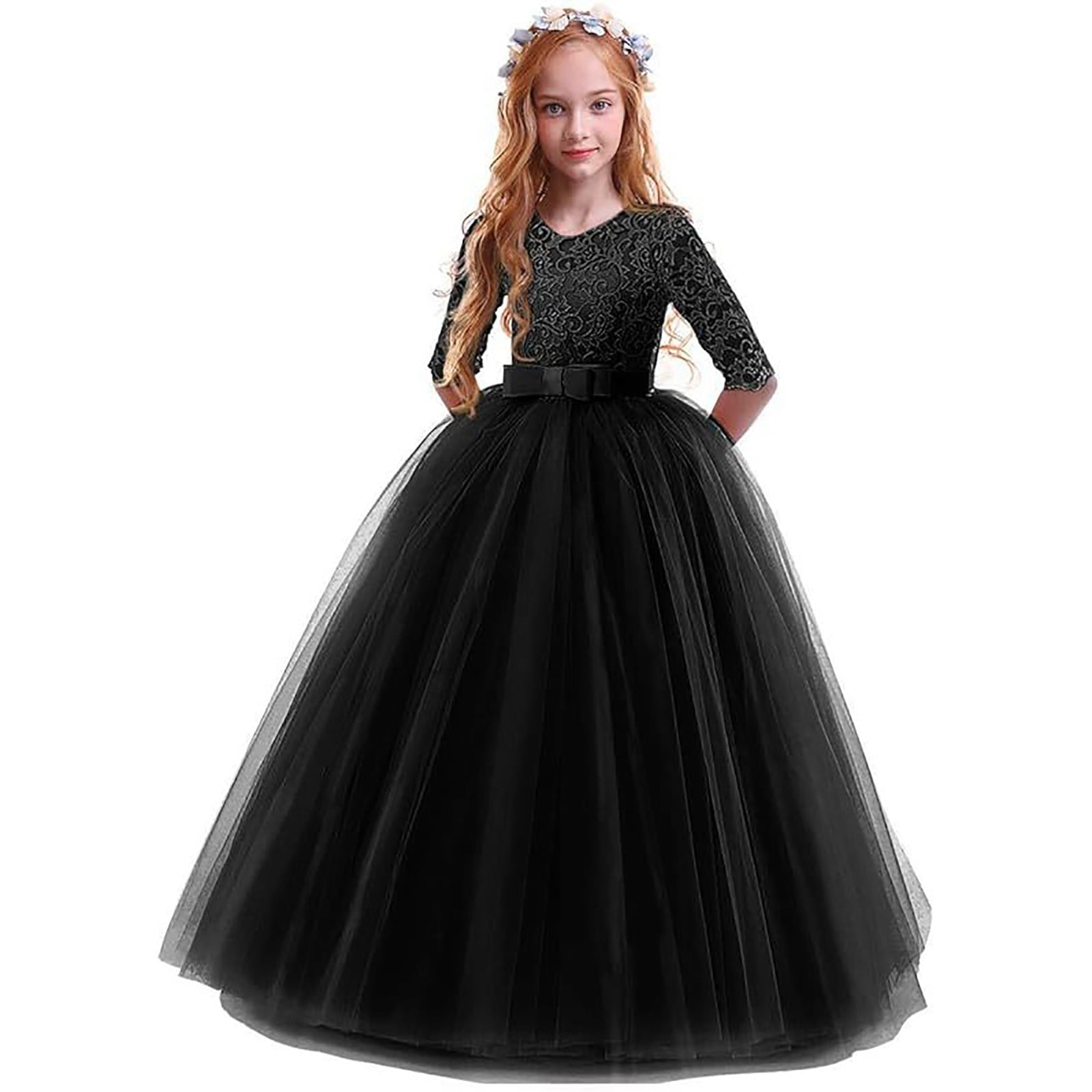 Flower Girls Dresses Lace 3/4 Sleeves Floor Length Dress Girls Dresses ...