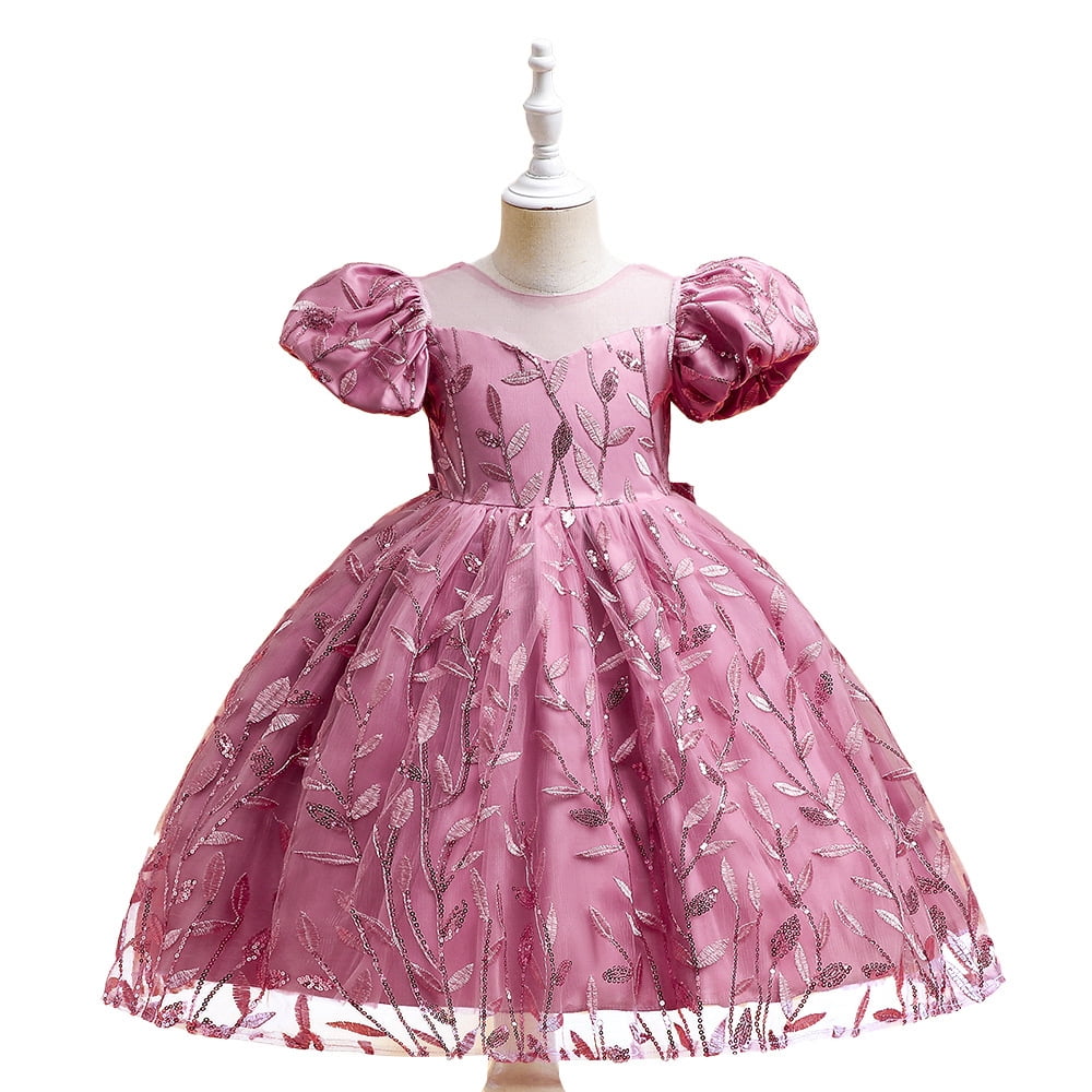 Flower Girls Embroidered Princess Dress Puff Sleeve Wedding Birthday ...