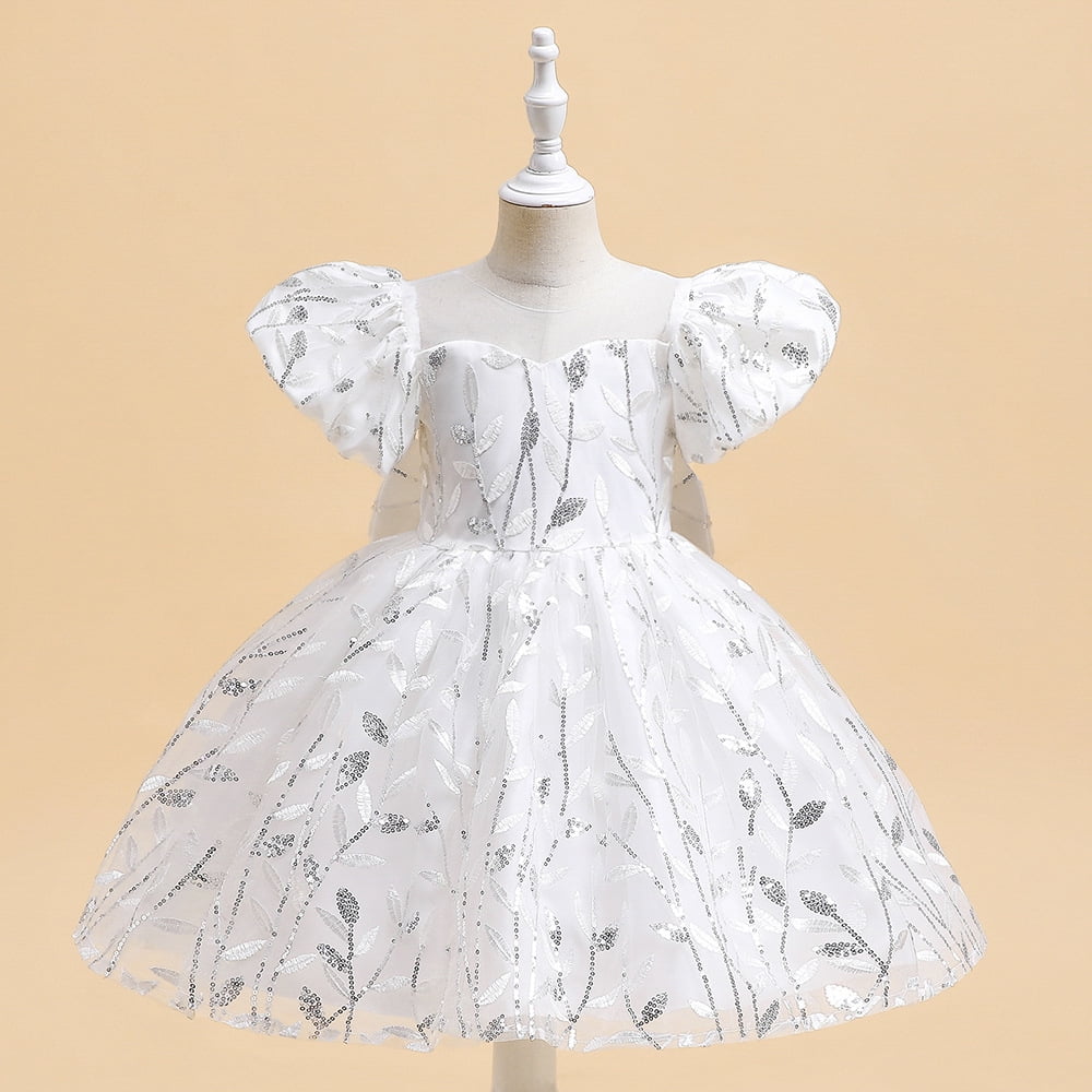 Flower Girls Embroidered Princess Dress Puff Sleeve Wedding Birthday ...