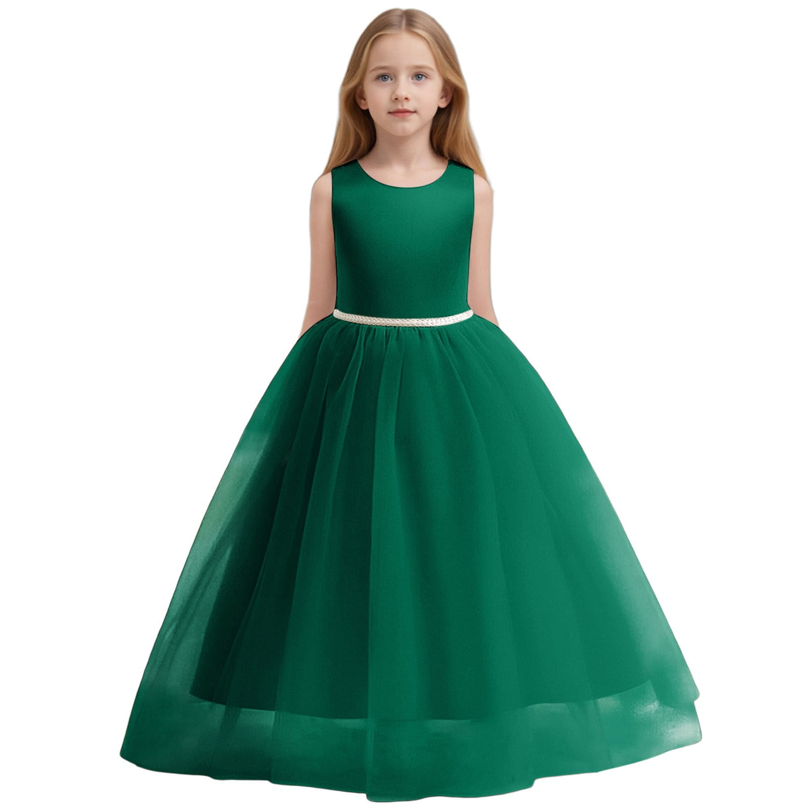 Flower Girls Satin Pageant Dress with Bow Knot & Pearls – V-Neck Open Back Long A-Line ...
