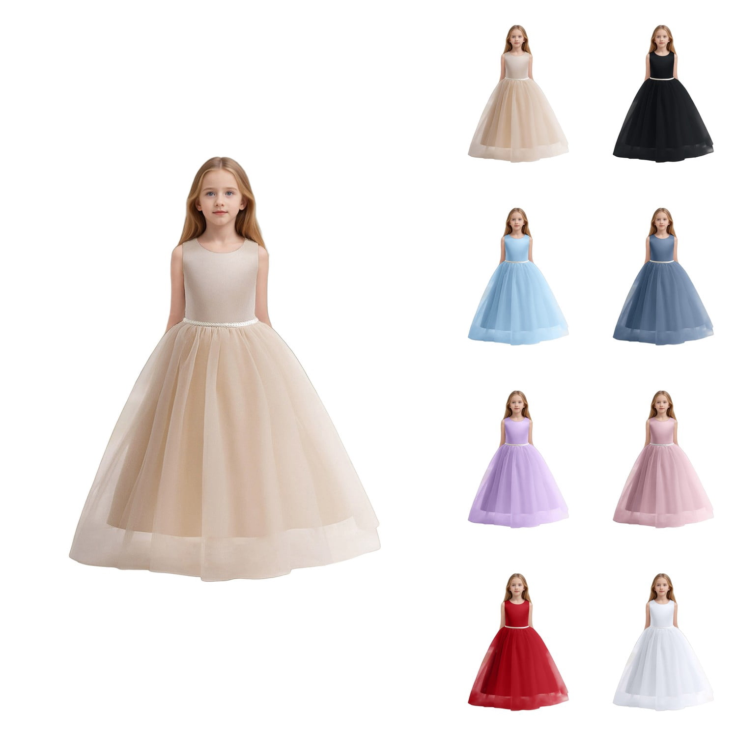 Flower Girls Satin Pageant Dress with Pearls and Bow Knot, V-Back Long ...