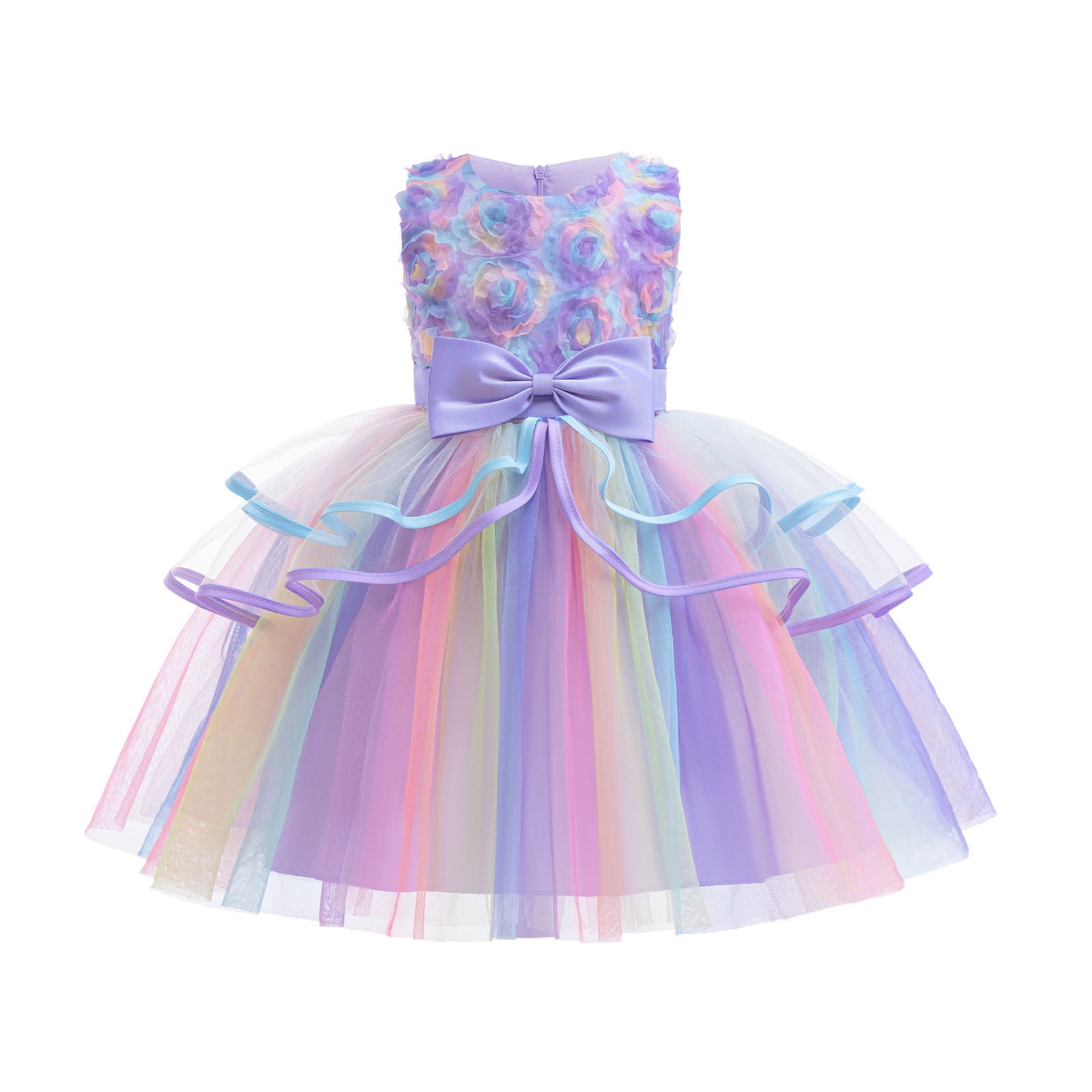 Flower Girls Sequin Party Dress Lace Trim Mesh Rainbow Tutu Birthday ...