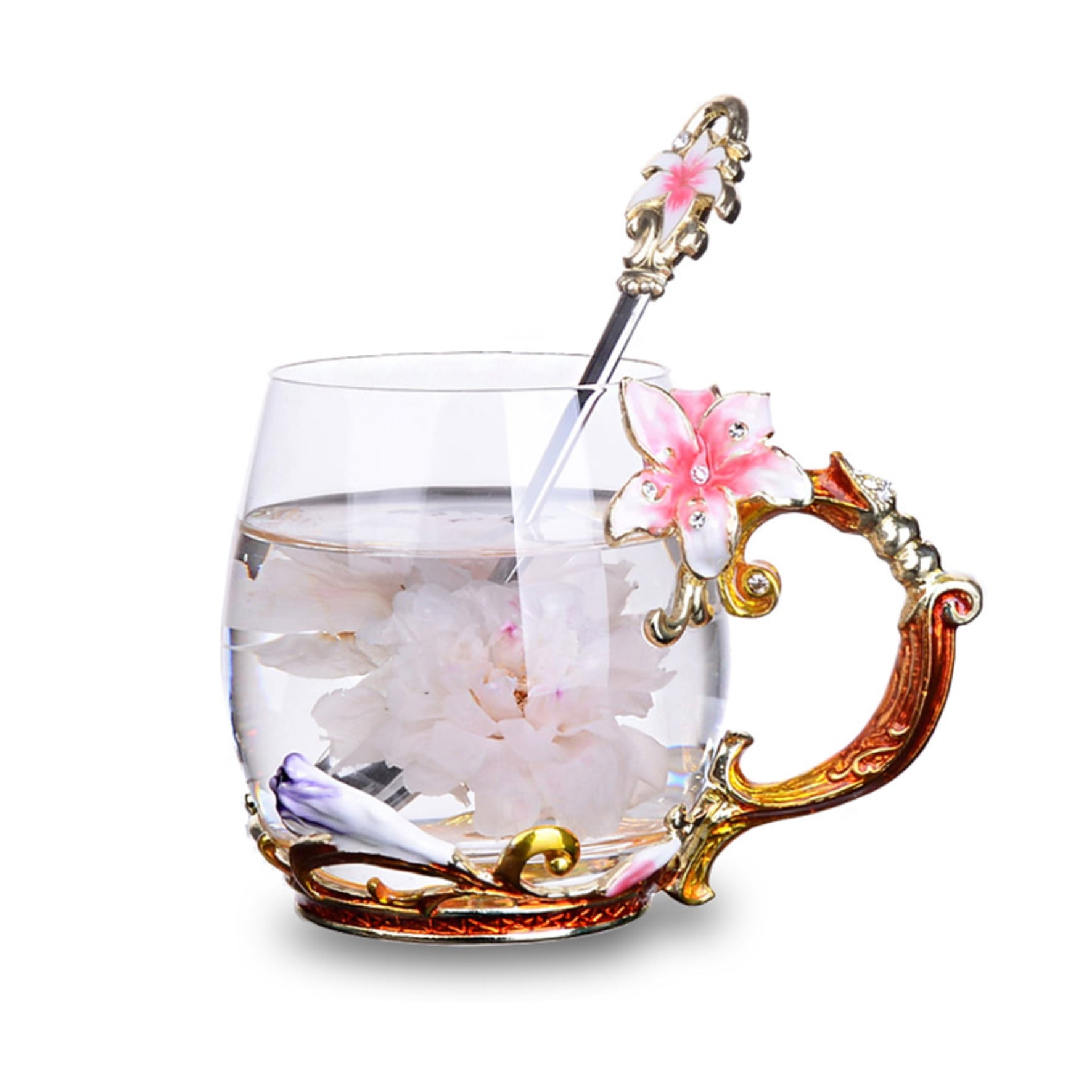 Lily Flower Glass Mug with Spoon, Ideal Gift for Women, Valentines ...
