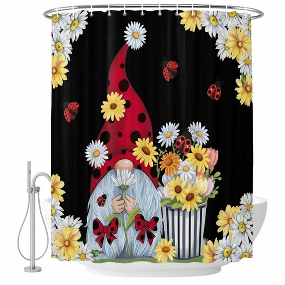 Flower Gnome Bathroom Shower Curtains with Hooks, White Yellow Flowers ...