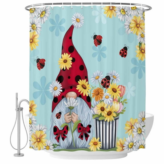 Flower Gnome Bathroom Shower Curtains with Hooks, White Yellow Flowers ...
