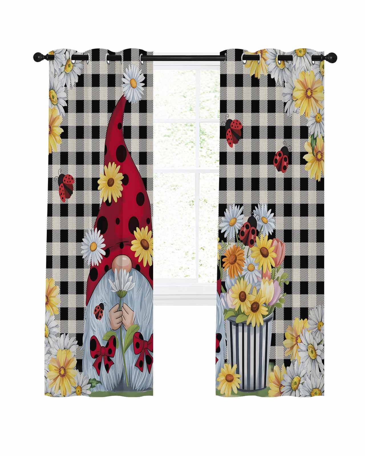 Flower Gnome Blackout Curtains 63 Inch Length White Yellow Flowers ...