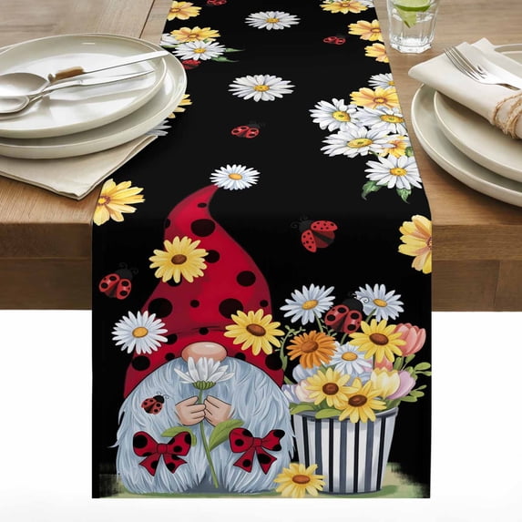 Flower Gnome Cotton Linen Table Runner White Yellow Flowers Daisy ...