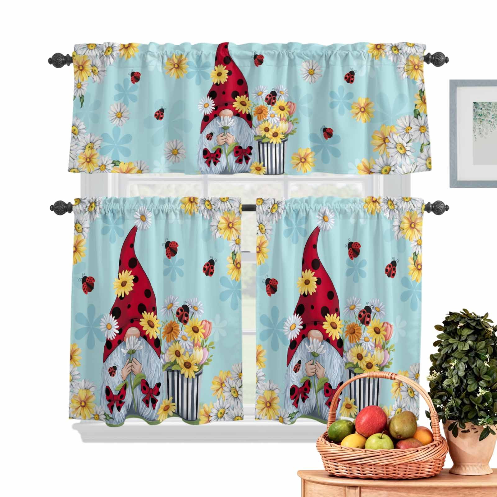 Flower Gnome Kitchen Curtains Valances 3 Piece Set, White Yellow ...