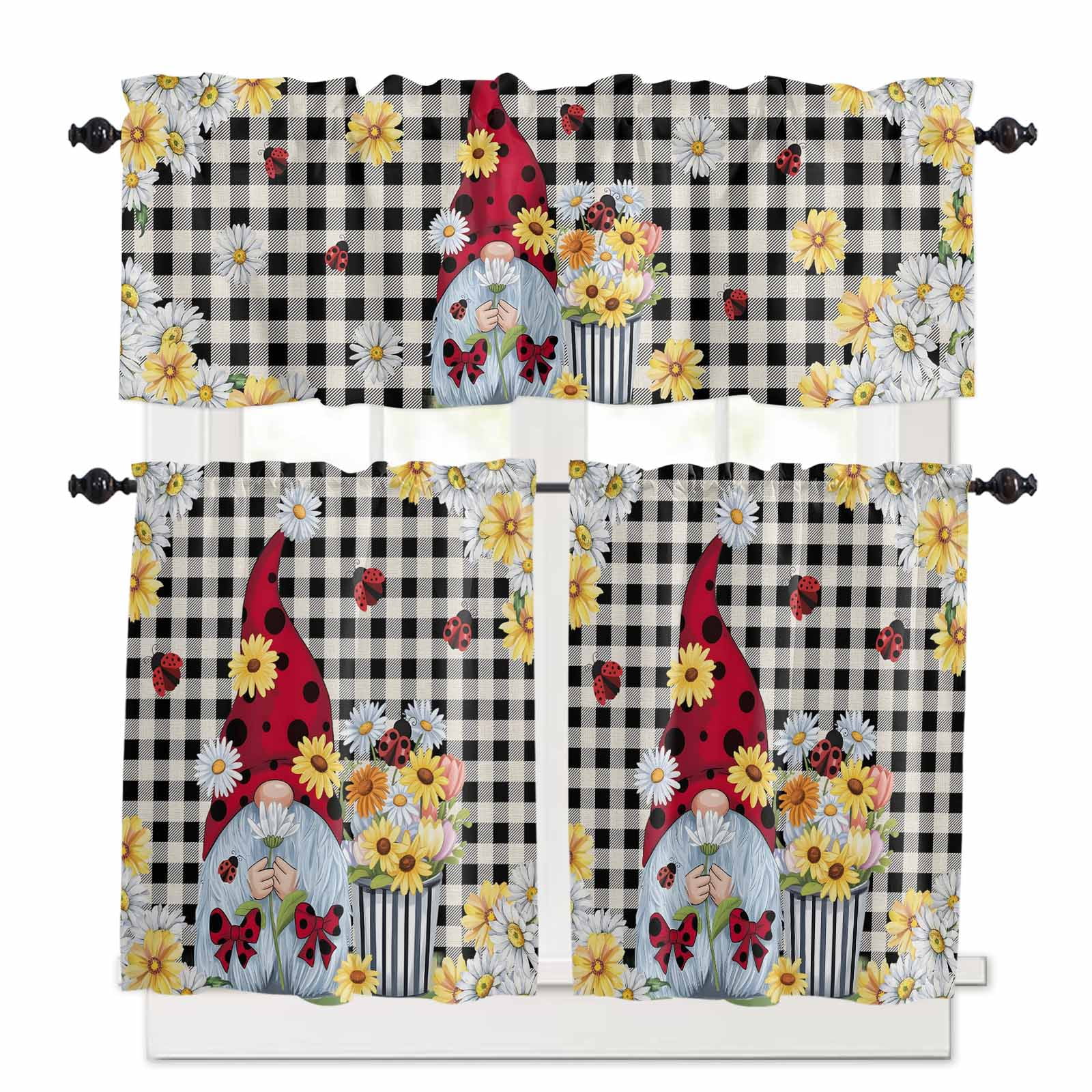 Flower Gnome Kitchen Curtains Valances and Tiers Set of 3 White Yellow ...