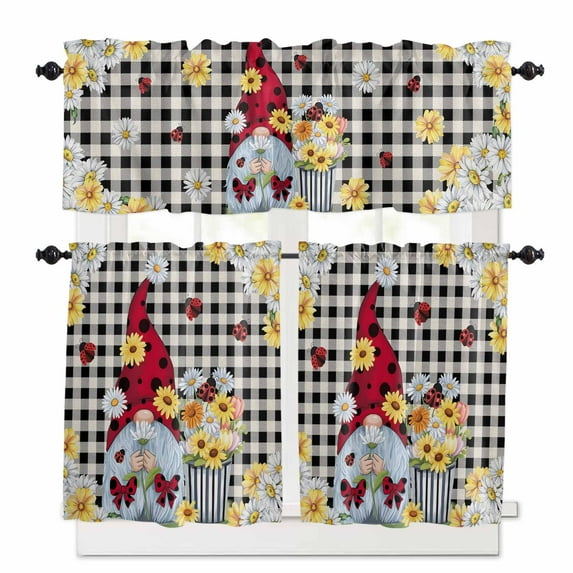 Flower Gnome Kitchen Curtains Valances and Tiers Set of 3 White Yellow ...
