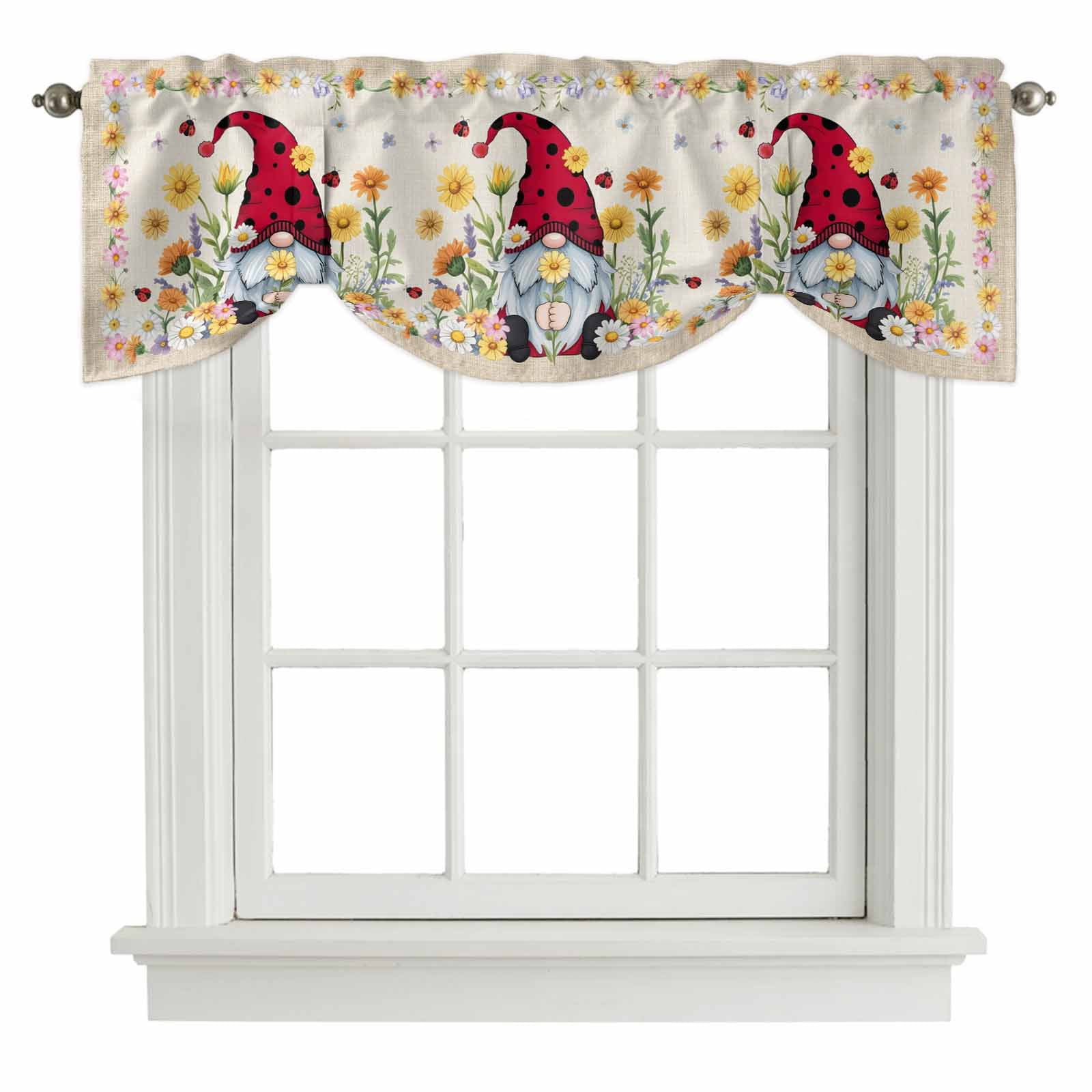 Flower Gnome Tie Up Valance for Windows, Pink Yellow Flowers Daisy ...