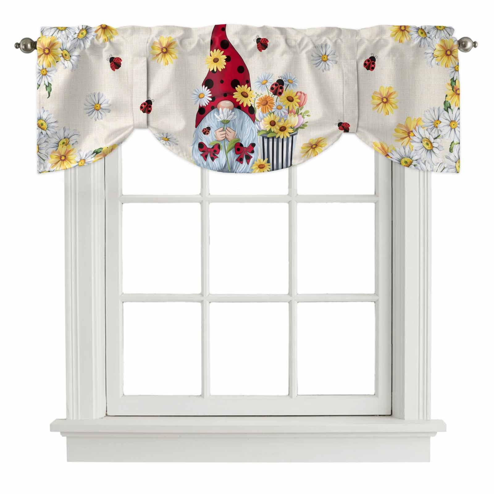 Flower Gnome Tie Up Valance for Windows, White Yellow Flowers Daisy ...