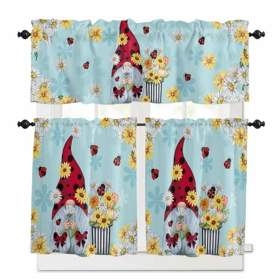 Flower Gnome Window Curtains Valance Set of 3 White Yellow Flowers ...