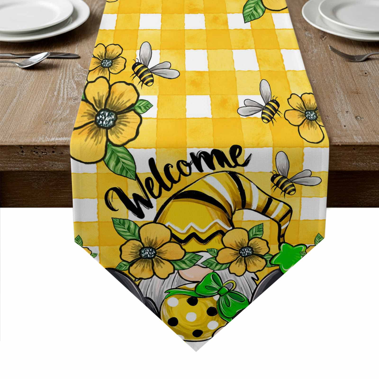 Flower Gnomes Table Runner Linen Burlap Table Runner 36 Inches Small ...