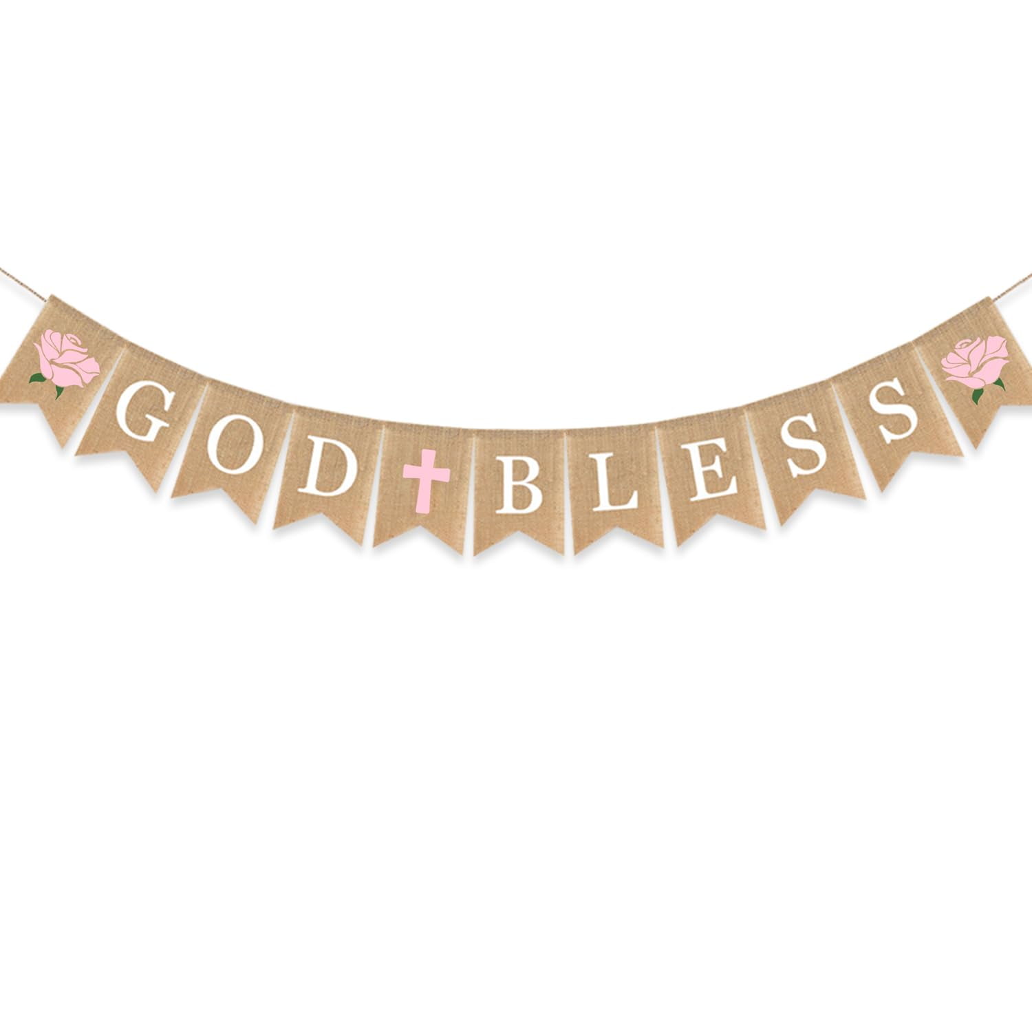 Flower God Bless Banner RRF12 Baptism Burlap Garlands Girl Pink Cross Floral First Communion ...