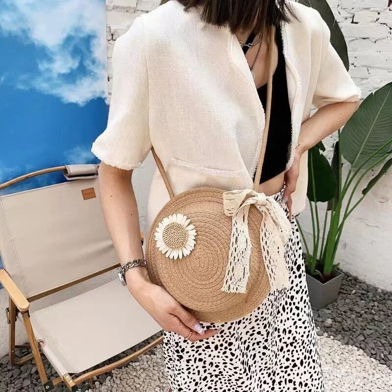 Flower Graphic Circle Straw Bag, Vintage Shoulder Beach Bag, Women's ...