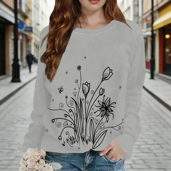 Flower Graphic Sweatshirt for Women Minimalistic Floral Printed ...