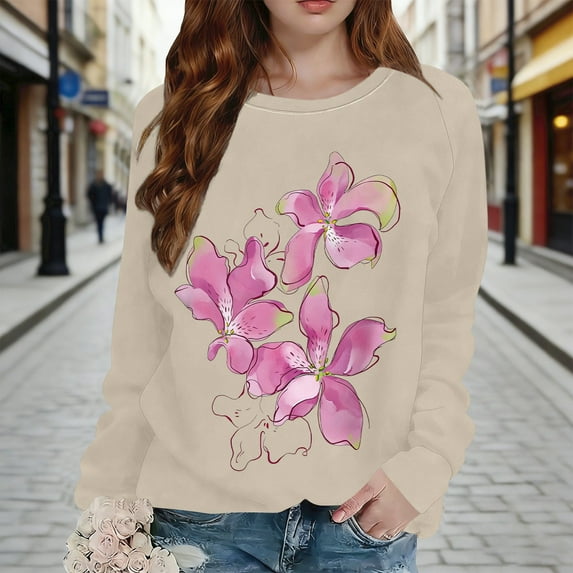 Flower Graphic Sweatshirt for Women Minimalistic Floral Printed ...