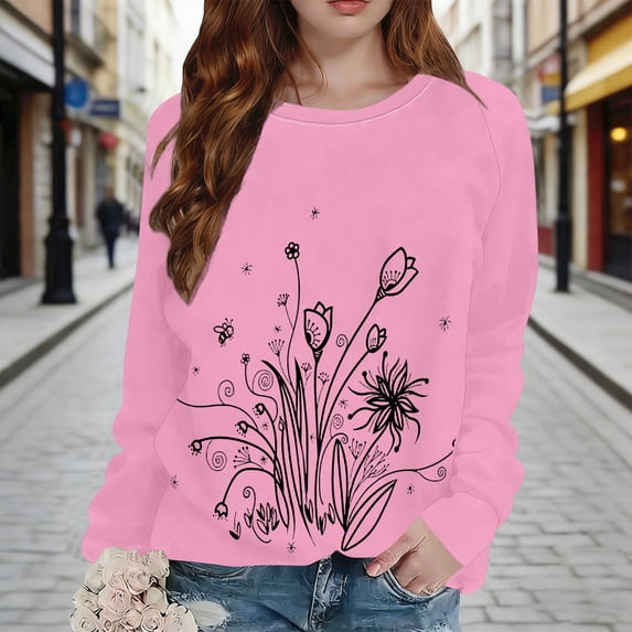 Flower Graphic Sweatshirt for Women Minimalistic Floral Printed ...