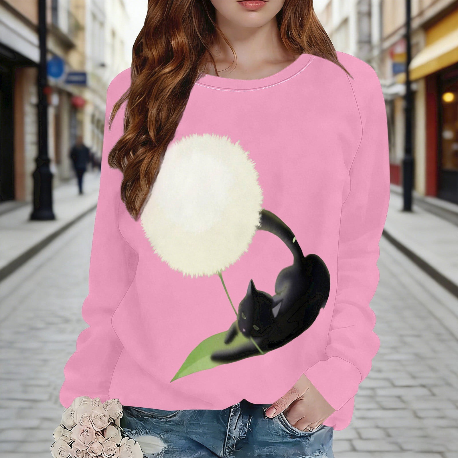 Flower Graphic Sweatshirt for Women Minimalistic Floral Printed ...